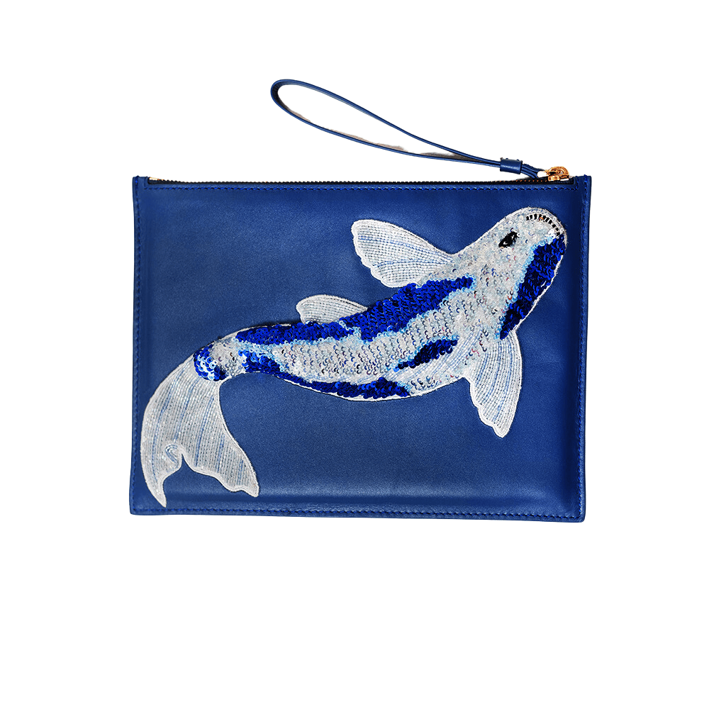 Blue Pouch with Koi Fish Embroidery